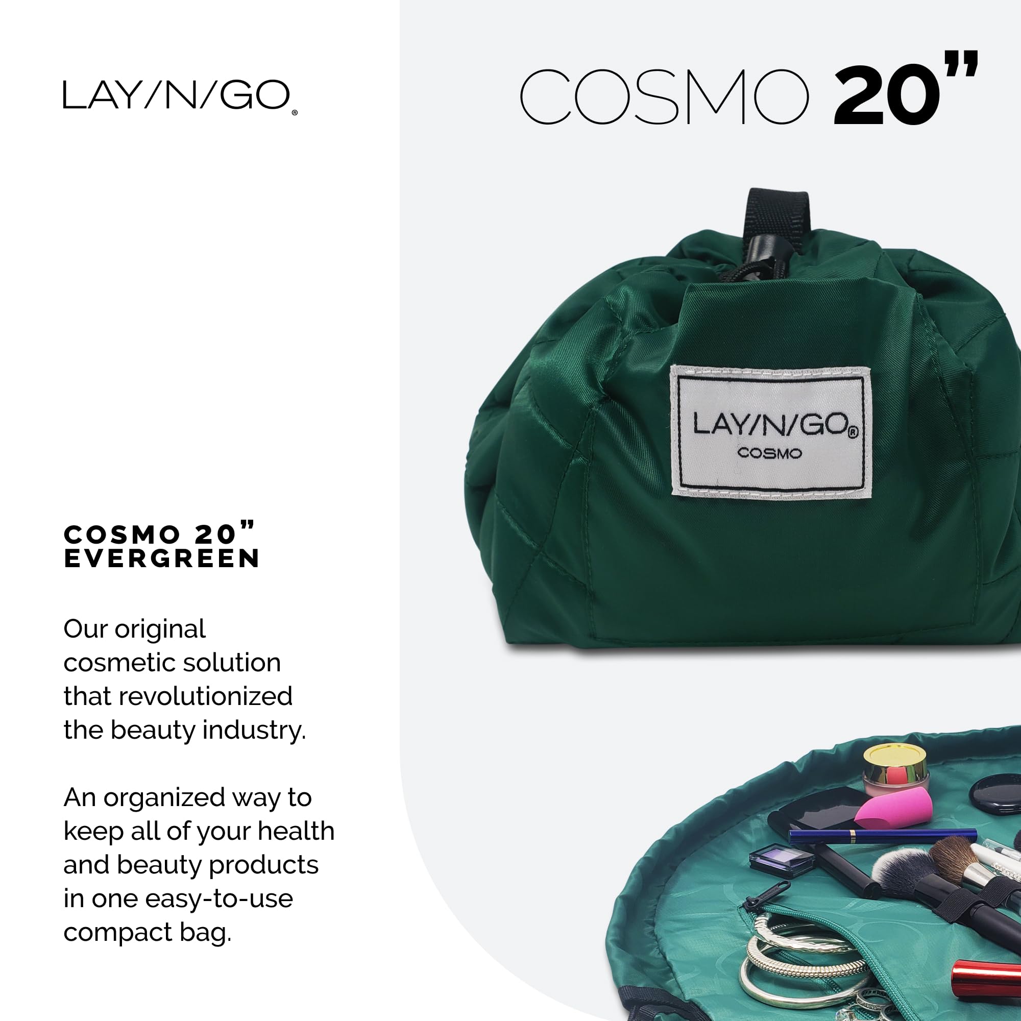 Lay-n-Go Cosmo Drawstring Cosmetic & Makeup Bag Organizer - Portable Drawstring Makeup Bag w/Zipper Pocket, Makeup Loops & More - Durable, Machine Washable Makeup Bag for Travel (20β, Evergreen)