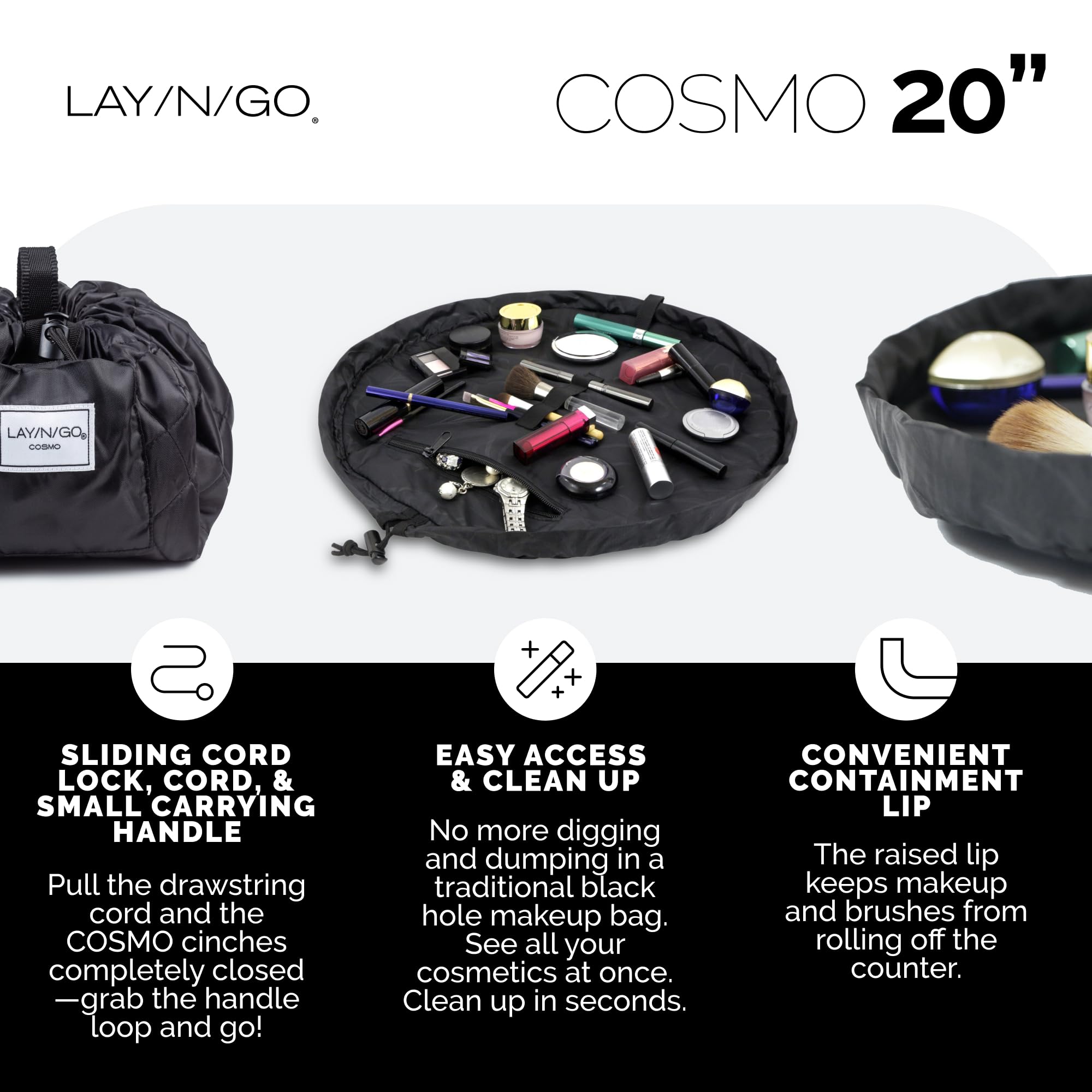 Lay-n-Go Cosmo Drawstring Cosmetic & Makeup Bag Organizer - Portable Drawstring Makeup Bag w/Zipper Pocket, Makeup Loops & More - Durable, Machine Washable Makeup Bag for Travel (20β, Evergreen)