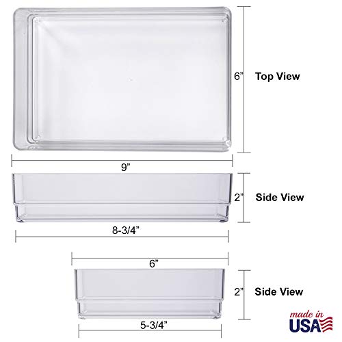 STORi SimpleSort 3-Piece Stackable Clear Drawer Organizer Set | 9" x 6" x 2" Rectangle Trays | Wide Makeup Vanity Storage Bins and Office Desk Drawer Dividers | Made in USA