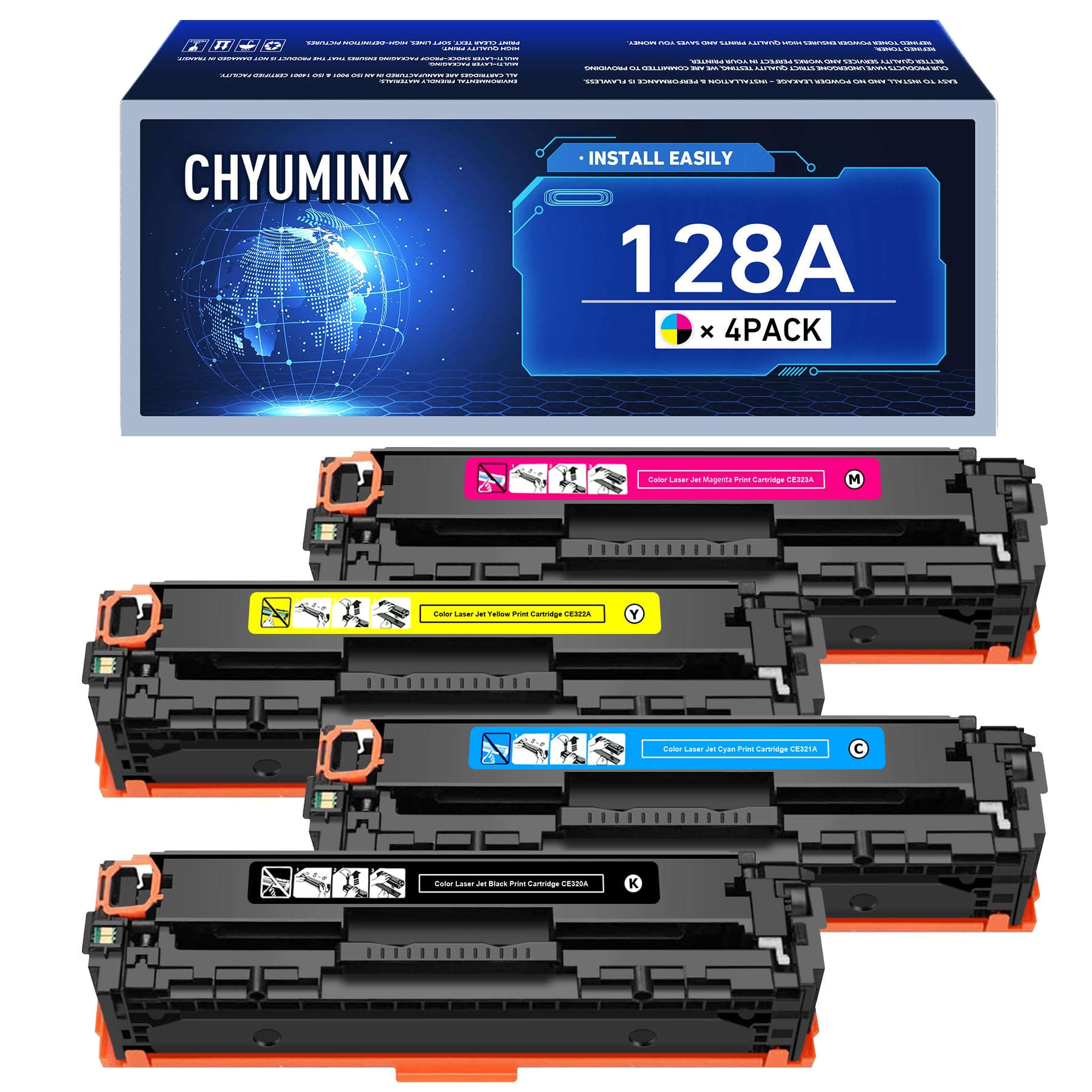 Chyumink Remanufactured for HP 128A CE320A CE321A CE322A CE323A Compatible Toner Cartridges use with HP Color CP1523n CP1525nw CM1415fnw CP1525n CM1415fn (Black Cyan Yellow Magenta)
