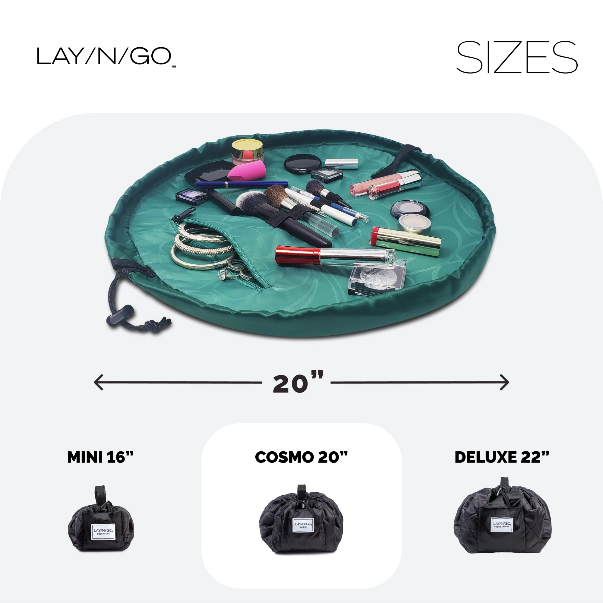 Lay-n-Go Cosmo Drawstring Cosmetic & Makeup Bag Organizer - Portable Drawstring Makeup Bag w/Zipper Pocket, Makeup Loops & More - Durable, Machine Washable Makeup Bag for Travel (20β, Evergreen)