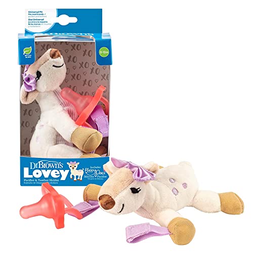 Dr. Brown’s Wide-Neck Baby Bottle Woodland Designer Bottles, 5 oz/150 mL, 2-Pack with HappyPaci Pacifiers and Lovey Holder, Deer