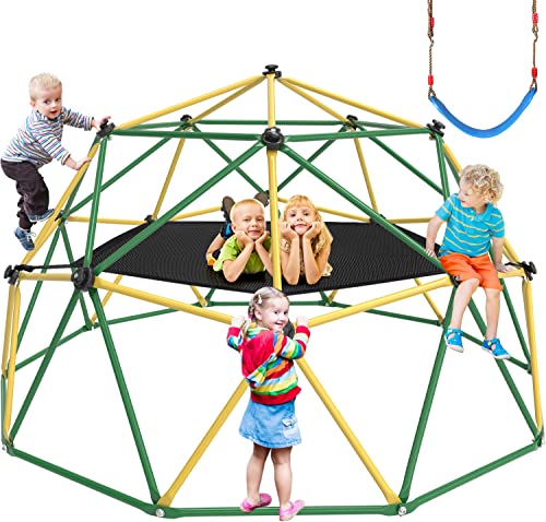 GIKPAL Climbing Dome, 10FT Dome Climber with Hammock for Kids 3 to 10 Outdoor Play Equipment, Supports up to 1000lbs Jungle Gym, Anti-Rust, Easy Assembly, Gift for Kids, Yellow+Green