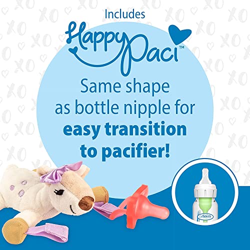 Dr. Brown’s Wide-Neck Baby Bottle Woodland Designer Bottles, 5 oz/150 mL, 2-Pack with HappyPaci Pacifiers and Lovey Holder, Deer