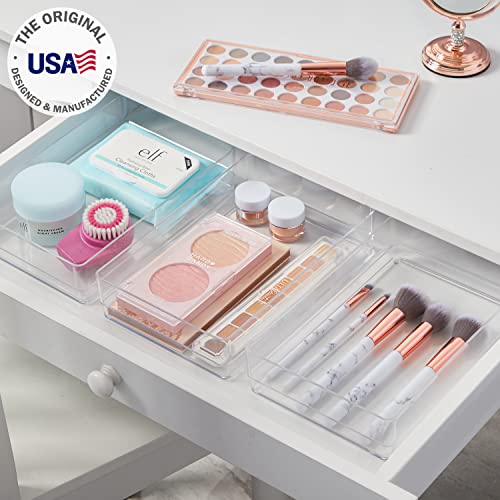 STORi SimpleSort 3-Piece Stackable Clear Drawer Organizer Set | 9" x 6" x 2" Rectangle Trays | Wide Makeup Vanity Storage Bins and Office Desk Drawer Dividers | Made in USA