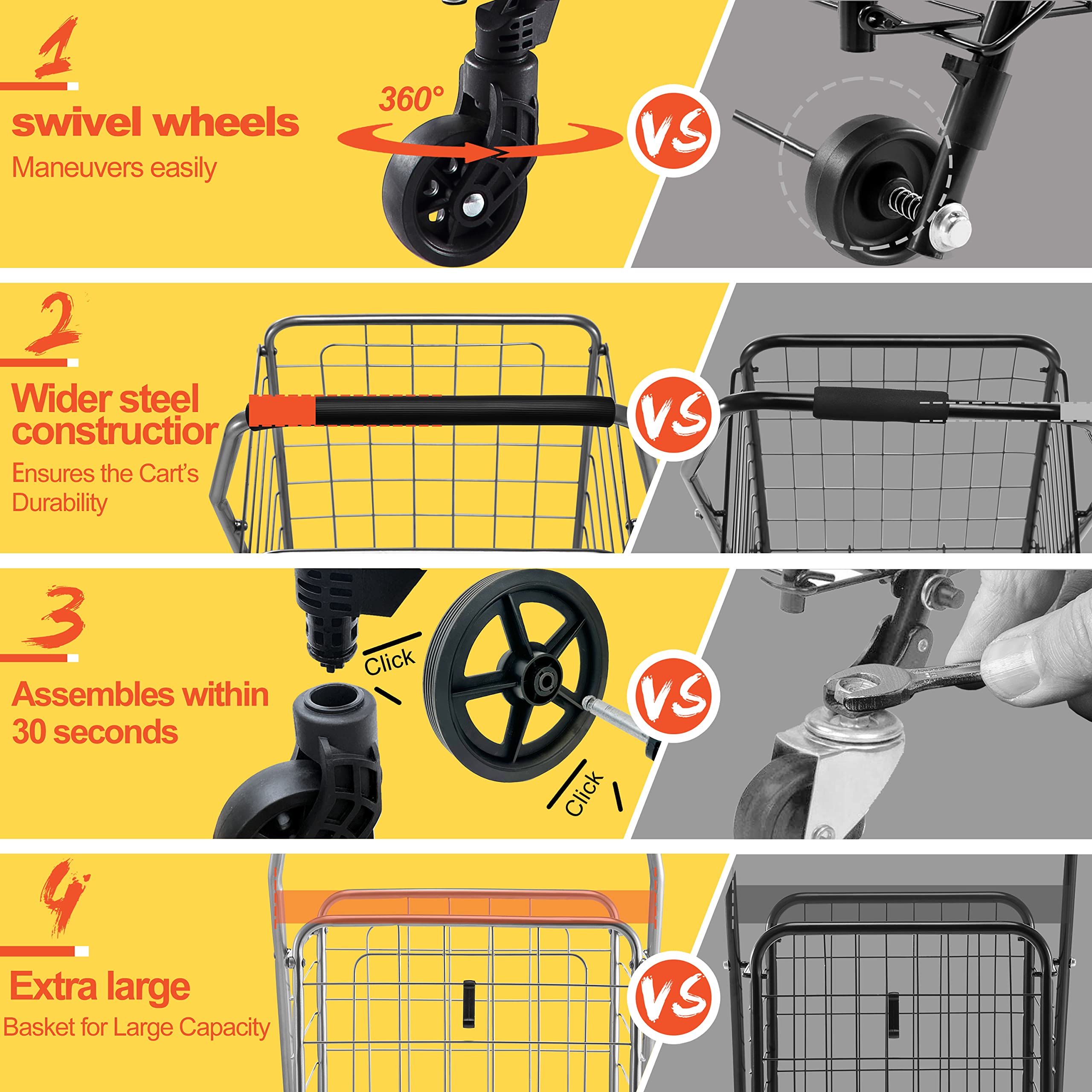 Wellmax WM99024S Grocery Utility Shopping Cart, Easily Collapsible and Portable to Save Space and Heavy Duty, Light Weight Trolley with Rolling Swivel Wheels