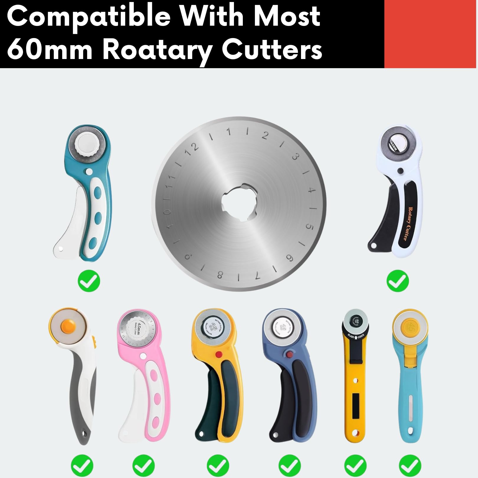 Kingsource SKS-7 Titanium Coated 10 Packs 60mm Pack Rotary Cutter Blades Replacement for Fits Olfa, Fiskar, Martelli, Truecut Cutter Patchwork Tool, Perfect for Cuts Fabric, Sewing, Leather and Paper