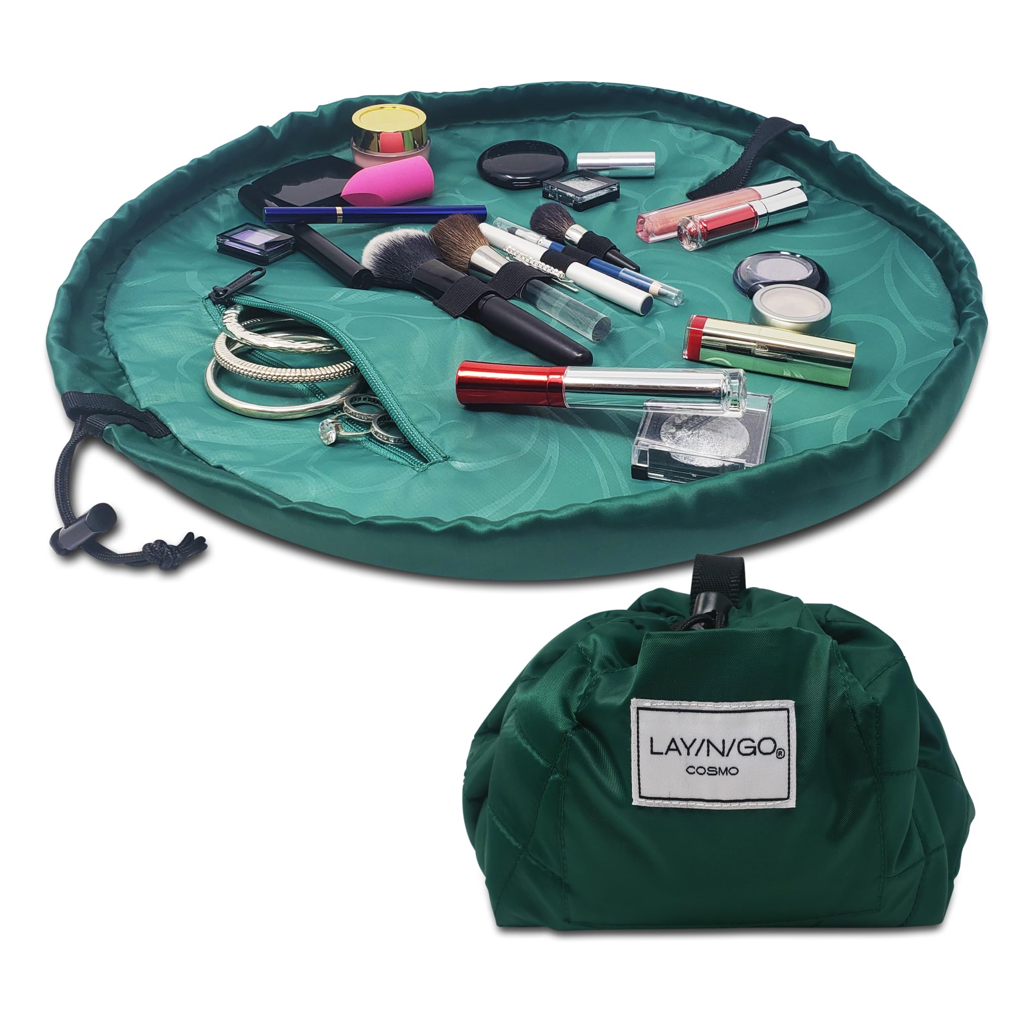 Lay-n-Go Cosmo Drawstring Cosmetic & Makeup Bag Organizer - Portable Drawstring Makeup Bag w/Zipper Pocket, Makeup Loops & More - Durable, Machine Washable Makeup Bag for Travel (20”, Evergreen)