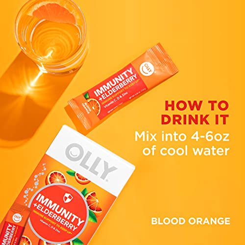 OLLY Immunity Powder, Daytime Immune Support, Elderberry, Vitamin C, D, Zinc, Fizzy Drink Mix, Blood Orange - 10 Count