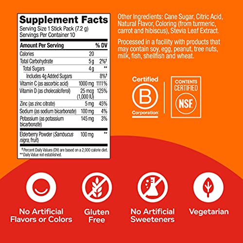 OLLY Immunity Powder, Daytime Immune Support, Elderberry, Vitamin C, D, Zinc, Fizzy Drink Mix, Blood Orange - 10 Count