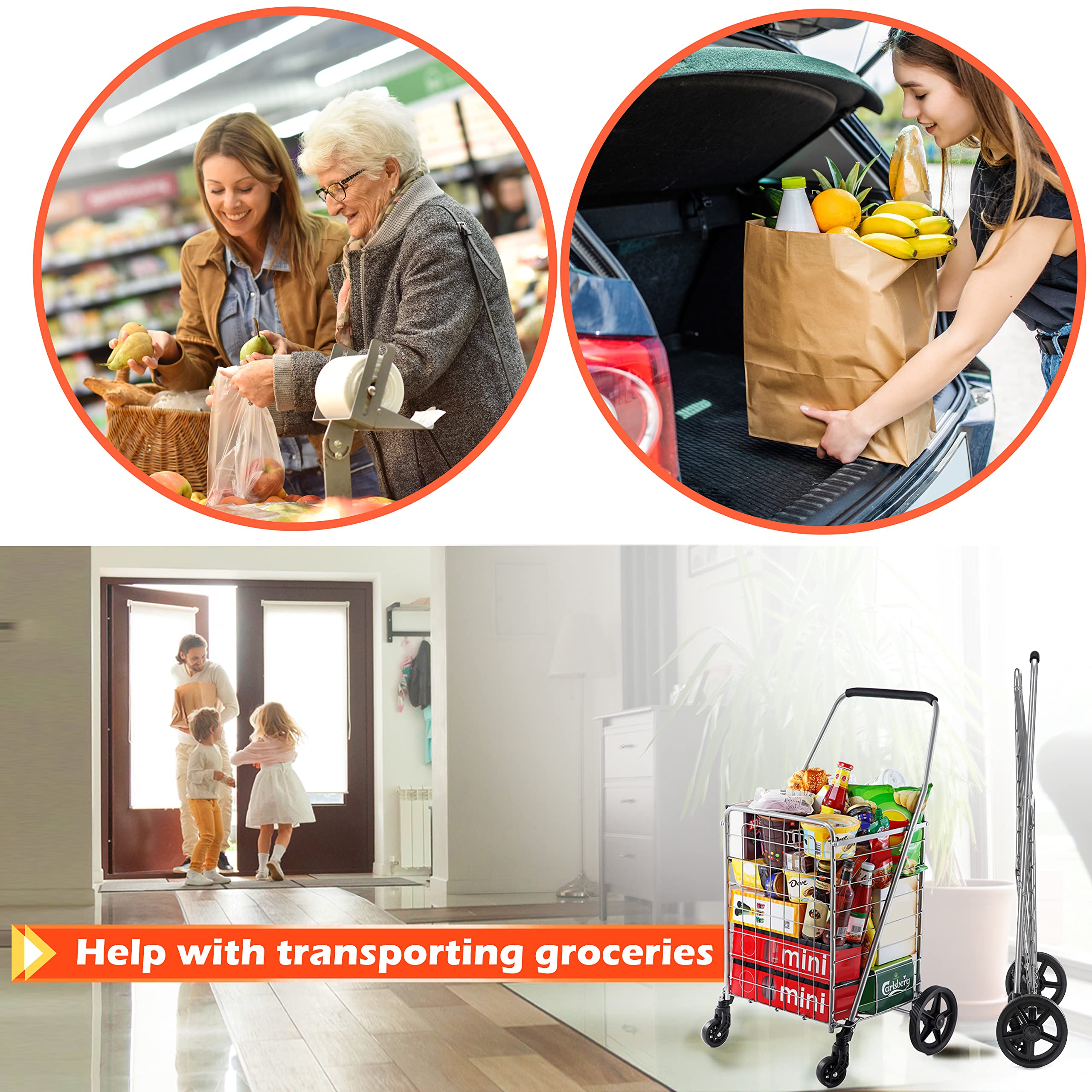 Wellmax WM99024S Grocery Utility Shopping Cart, Easily Collapsible and Portable to Save Space and Heavy Duty, Light Weight Trolley with Rolling Swivel Wheels