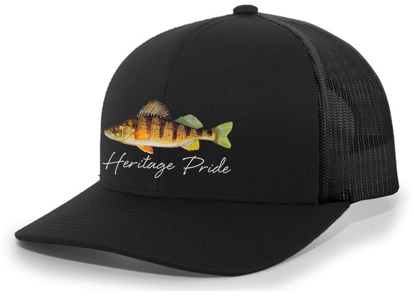Heritage Pride Freshwater Fish Collection Perch Fishing Mens Embroidered Mesh Back Trucker Hat Baseball Cap, Royal/White