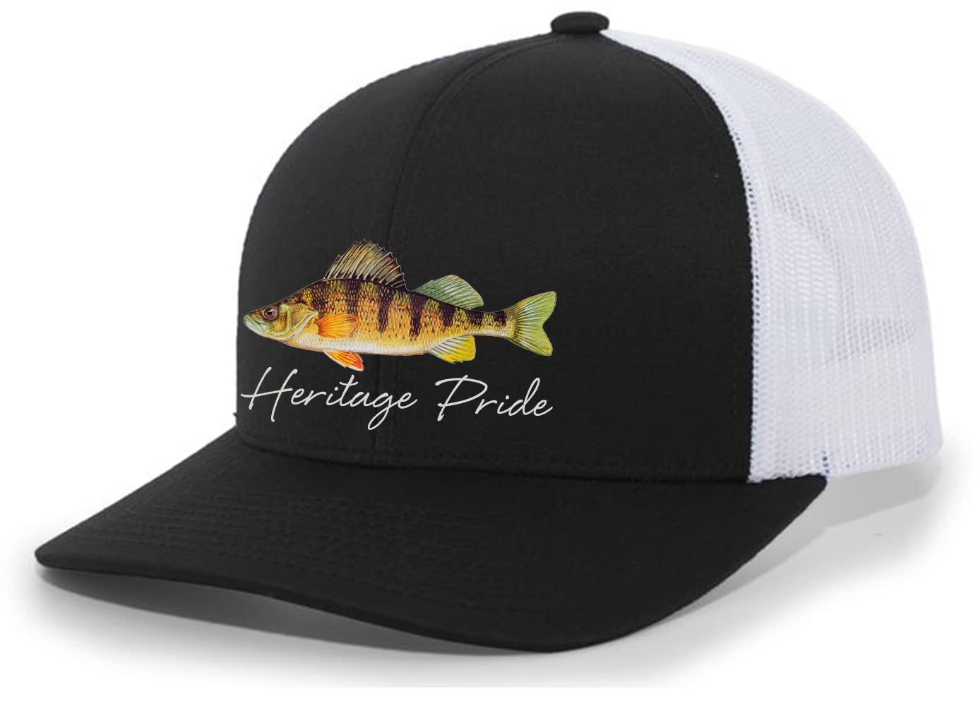 Heritage Pride Freshwater Fish Collection Perch Fishing Mens Embroidered Mesh Back Trucker Hat Baseball Cap, Royal/White