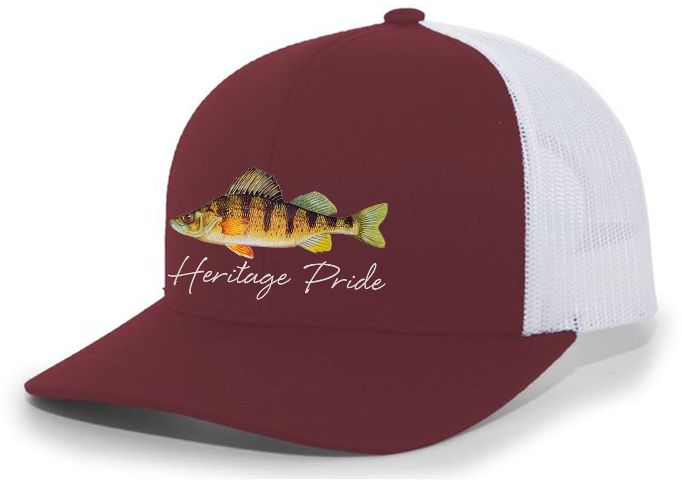 Heritage Pride Freshwater Fish Collection Perch Fishing Mens Embroidered Mesh Back Trucker Hat Baseball Cap, Royal/White