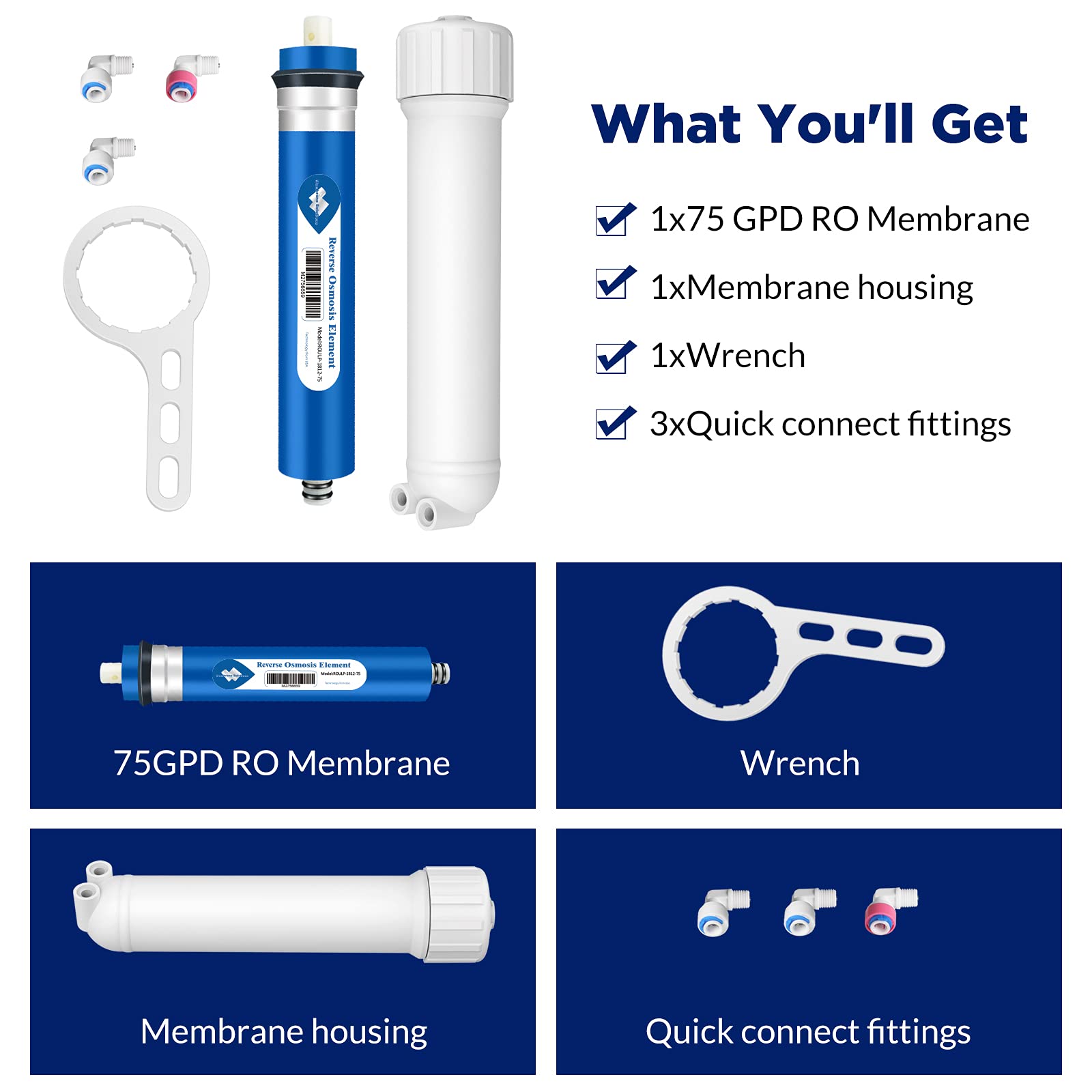 Membrane Solutions 75 GPD RO Membrane, Reverse Osmosis Membrane with Membrane Housing, Wrench, 1/4" Quick-Connect Fittings, Check Valve, Replacement for Under Sink Home Drinking RO Water Filter System