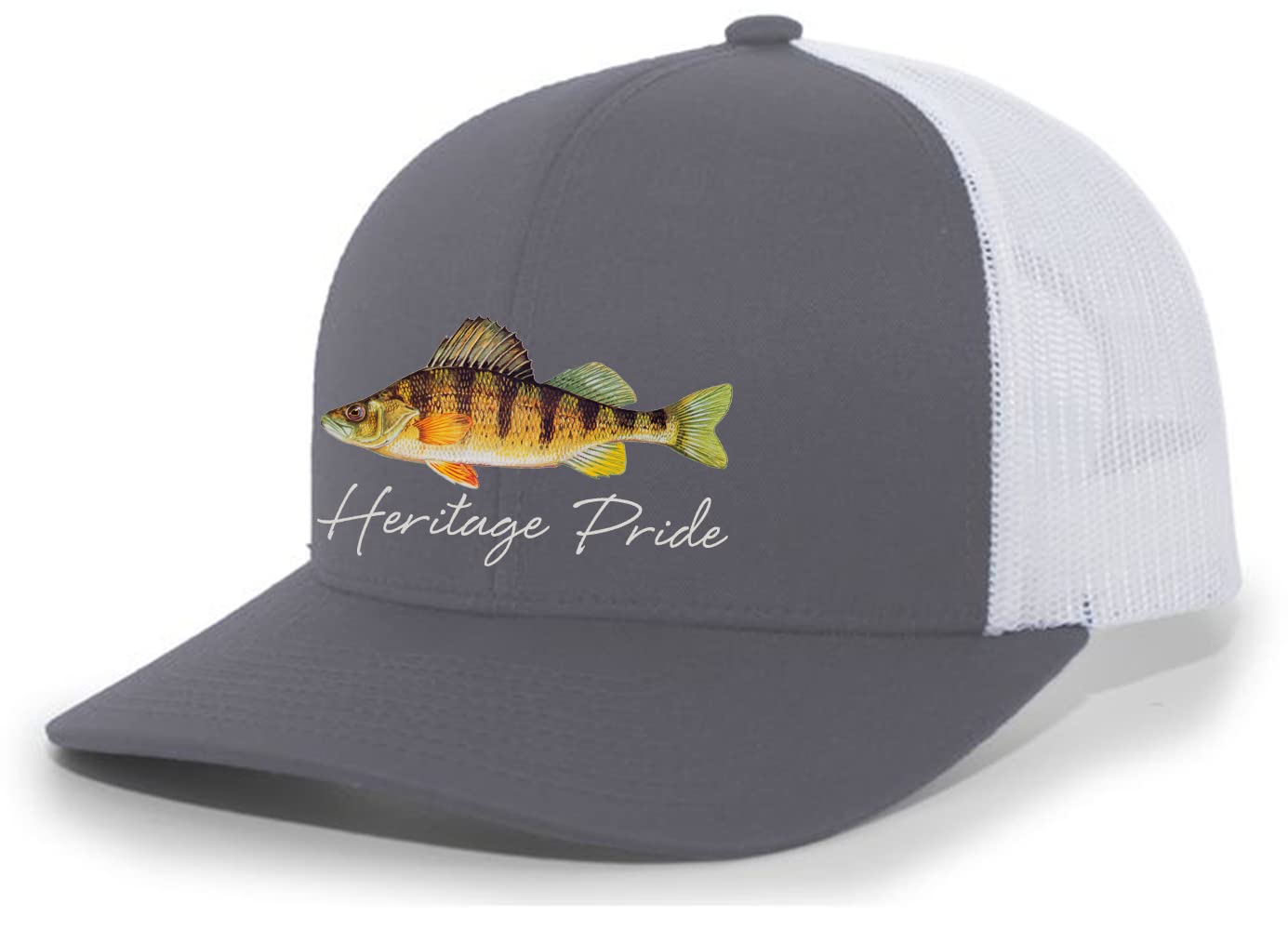 Heritage Pride Freshwater Fish Collection Perch Fishing Mens Embroidered Mesh Back Trucker Hat Baseball Cap, Royal/White