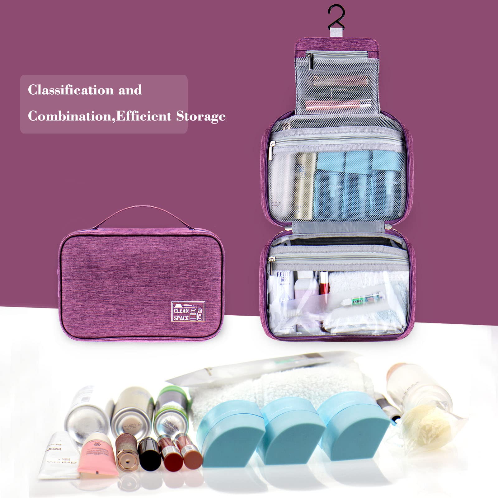 QIALUOBAO Travel Toiletry Bag with Hanging Hook, Small and Medium Water-resistant Makeup Cosmetic Bag, Full Size Container for Travel, Portable Cosmetic Organizer (Purple)