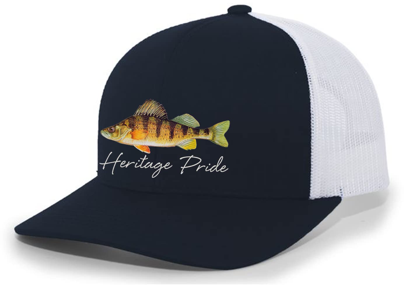 Heritage Pride Freshwater Fish Collection Perch Fishing Mens Embroidered Mesh Back Trucker Hat Baseball Cap, Royal/White