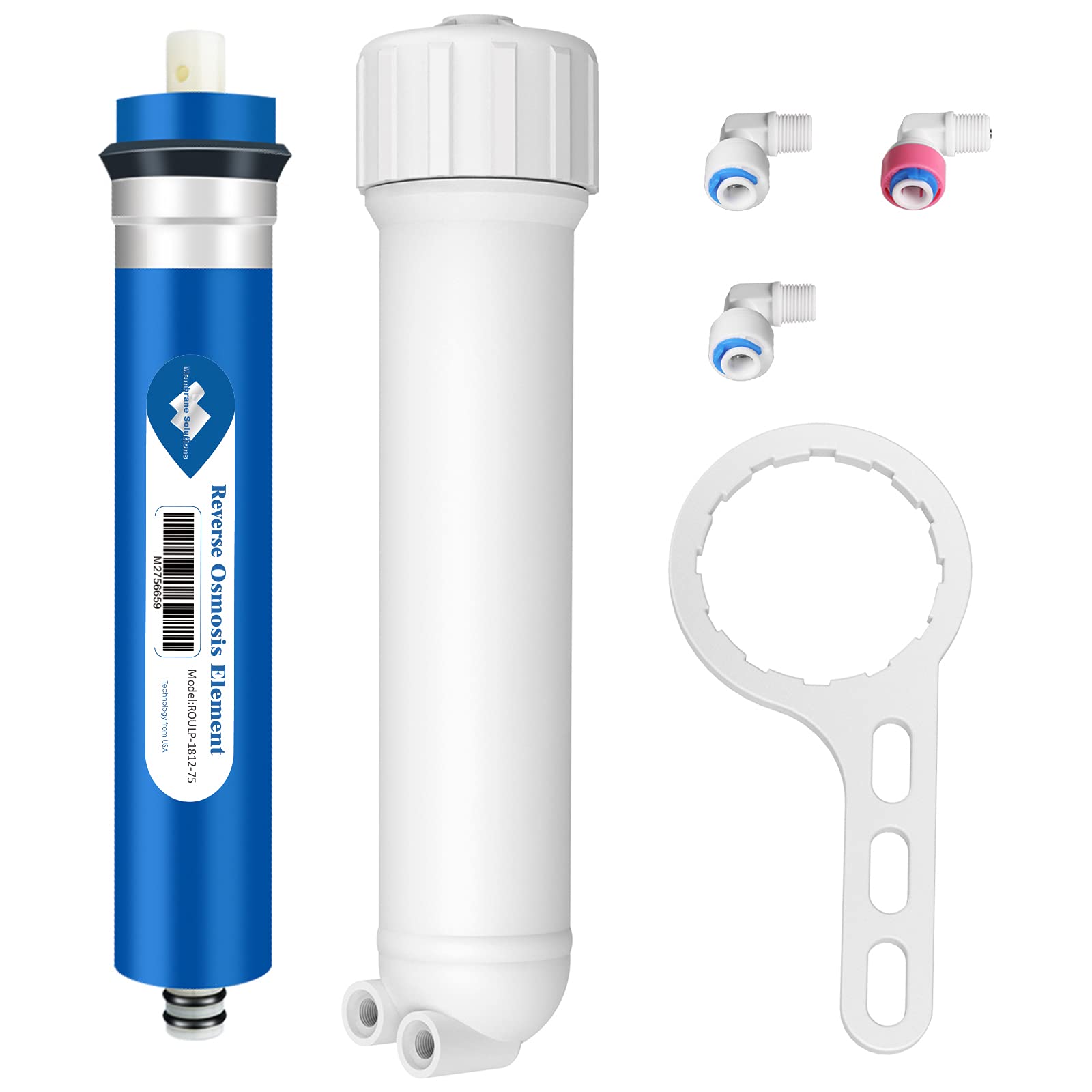 Membrane Solutions 75 GPD RO Membrane, Reverse Osmosis Membrane with Membrane Housing, Wrench, 1/4" Quick-Connect Fittings, Check Valve, Replacement for Under Sink Home Drinking RO Water Filter System