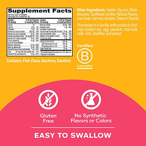 OLLY Ultra Strength Prenatal Multivitamin Softgels, Supports Healthy Growth, Brain Development, Iron, Folic Acid, DHA, Vitamins C, E, 30 Day Supply-60 Count (Packaging May Vary)