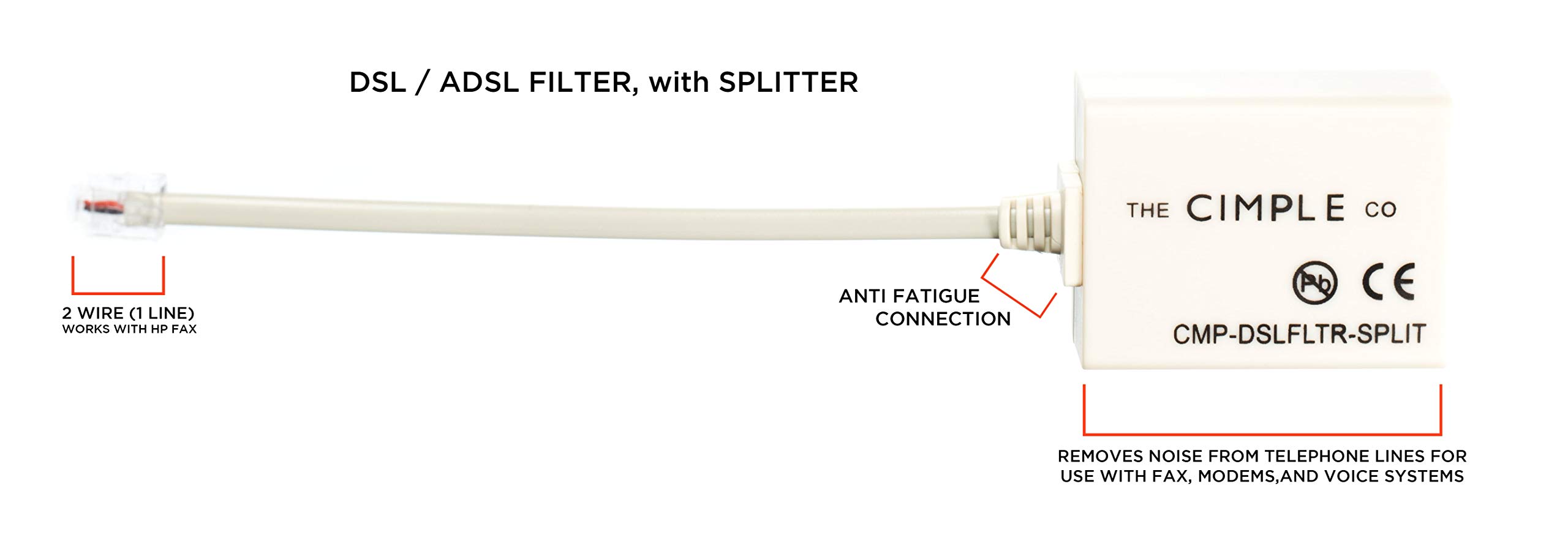 THE CIMPLE CO 2 Wire, 1 Line DSL Filter, with Built in Splitter - for Removing Noise and Other Problems from DSL Related Phone Lines