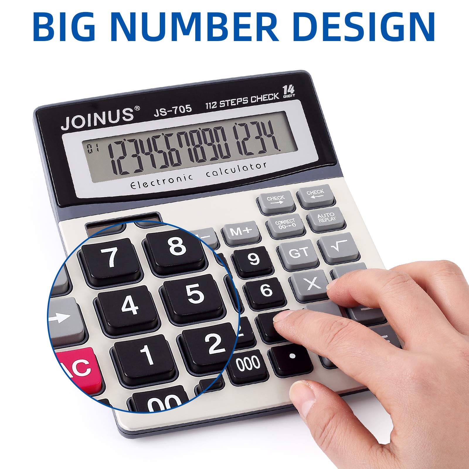 Large 14-Digit LCD Display Desktop Calculator with Check & Correct Function, Solar Battery Dual Power Calculator, Large Computer Keys Electronics Calculator for Office School Calculating
