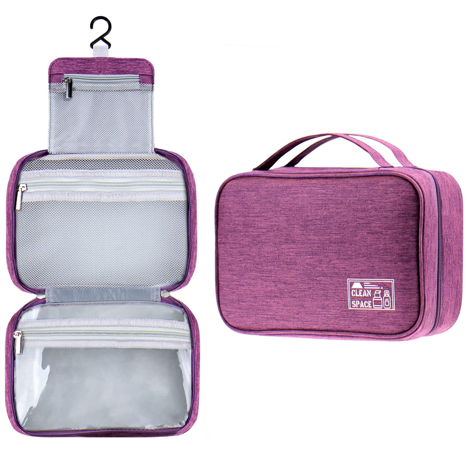 QIALUOBAO Travel Toiletry Bag with Hanging Hook, Small and Medium Water-resistant Makeup Cosmetic Bag, Full Size Container for Travel, Portable Cosmetic Organizer (Purple)