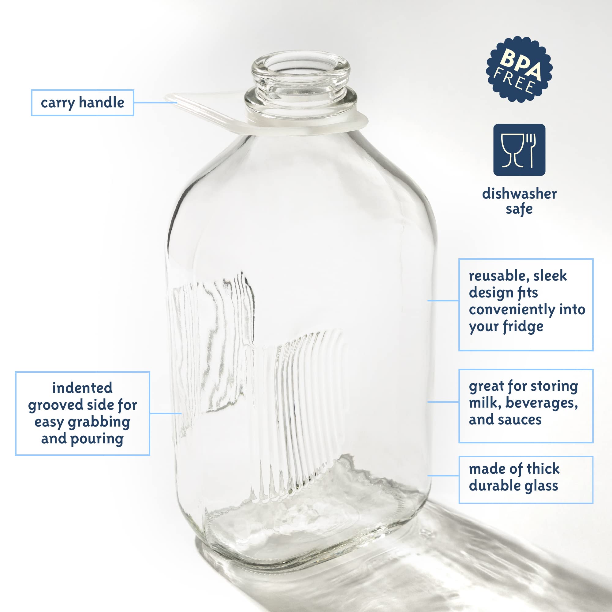 kitchentoolz 64 Oz Glass Milk Bottle with Lids, Half Gallon Milk Dispenser Container for Refrigerator, Glass Carafe Pitcher with Lid and Pour Spout