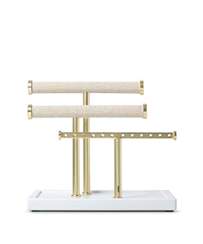 Umbra Trigem Three Tiered Tabletop Organizer for Necklace, Bracelets and Earrings, 3, White Brass