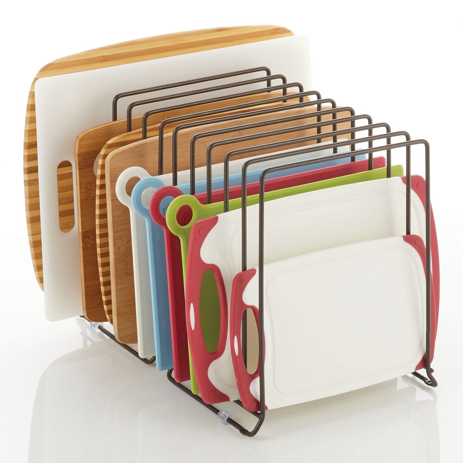 mDesign Metal Wire Organizer Rack for Kitchen Cabinet, Pantry, Shelves - Holder with 11 Slots for Skillets, Frying Pans, Lids, Cutting Boards, Vertical or Horizontal Placement - Extra Large - Bronze