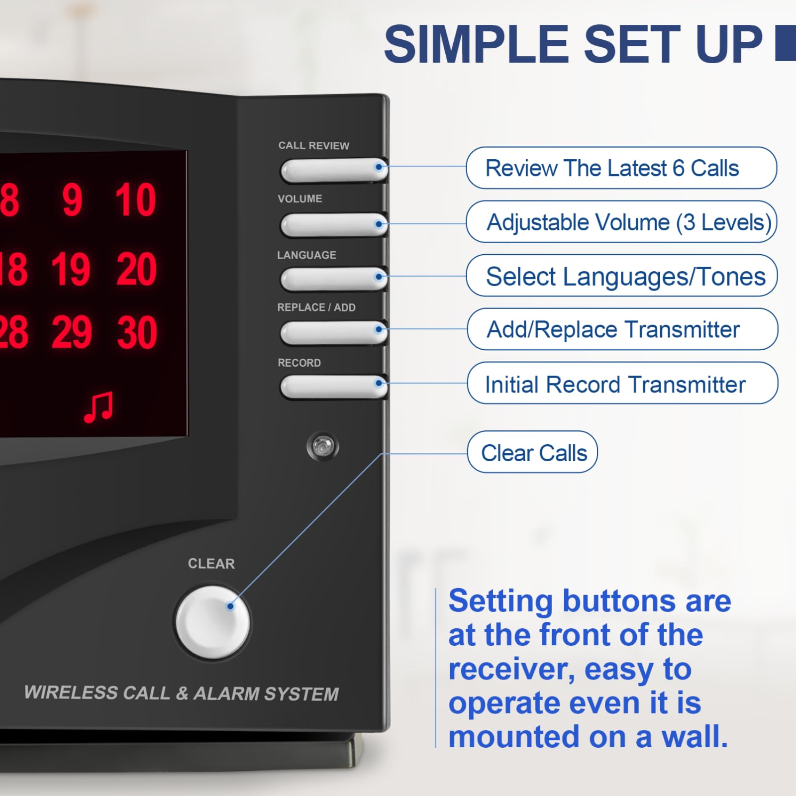 SYNLETT Wireless Calling System Nurse Call System Caregiver Pager for Restaurant Clinic Nursing Home 11 Languages 3 Alert Tones, 10 Call Buttons and 1 Monitoring Unit for Patients Seniors Customer