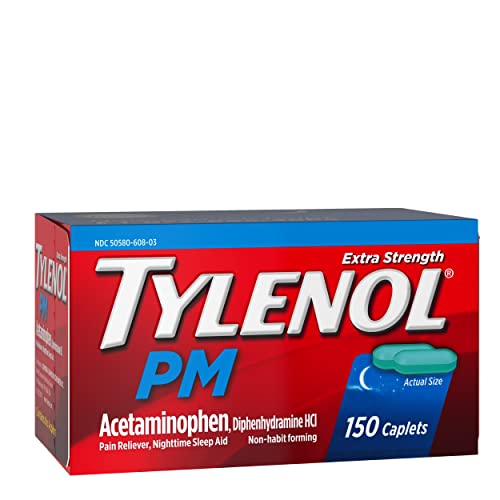 Tylenol PM Extra Strength Nighttime Pain Reliever & Sleep Aid Caplets, 500 mg Acetaminophen & 25 mg Diphenhydramine HCl, Relief for Nighttime Aches & Pains, Non-Habit Forming, 150 ct