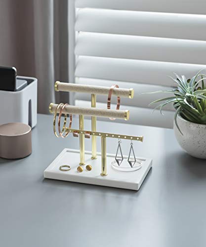 Umbra Trigem Three Tiered Tabletop Organizer for Necklace, Bracelets and Earrings, 3, White Brass