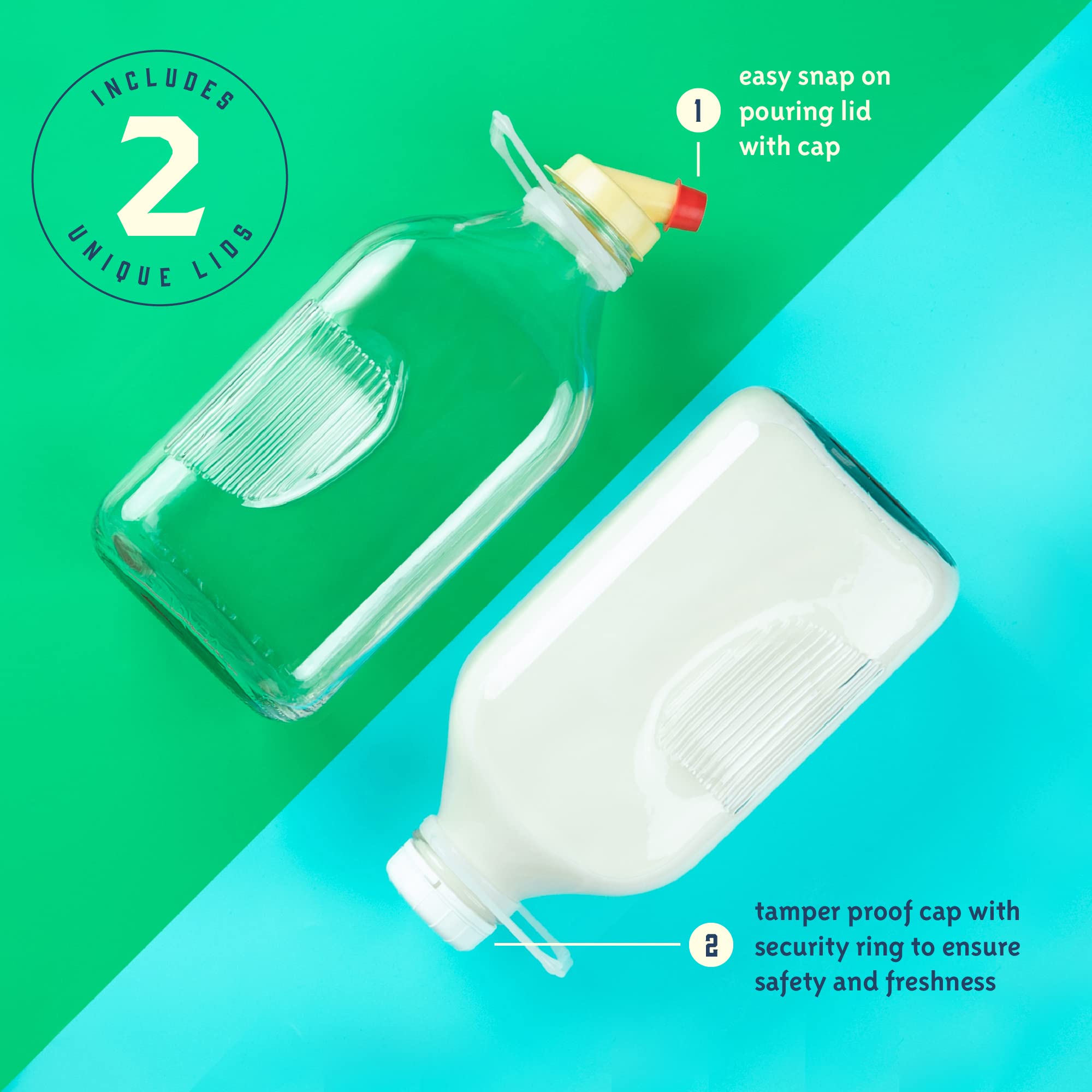 kitchentoolz 64 Oz Glass Milk Bottle with Lids, Half Gallon Milk Dispenser Container for Refrigerator, Glass Carafe Pitcher with Lid and Pour Spout