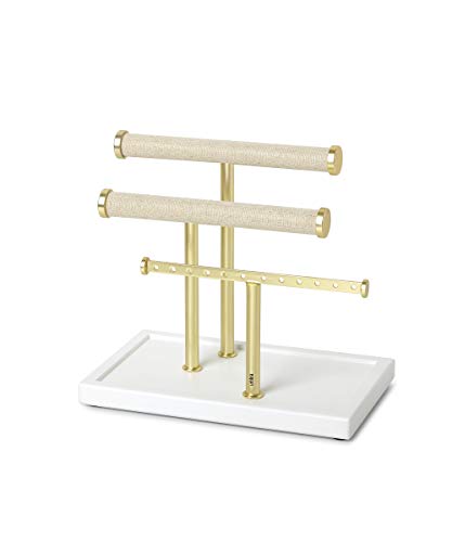 Umbra Trigem Three Tiered Tabletop Organizer for Necklace, Bracelets and Earrings, 3, White Brass