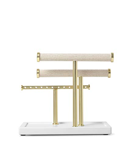Umbra Trigem Three Tiered Tabletop Organizer for Necklace, Bracelets and Earrings, 3, White Brass