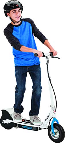 Razor E300 Electric Scooter - 9" Air-filled Tires, Up to 15 mph and 10 Miles Range, White/Blue