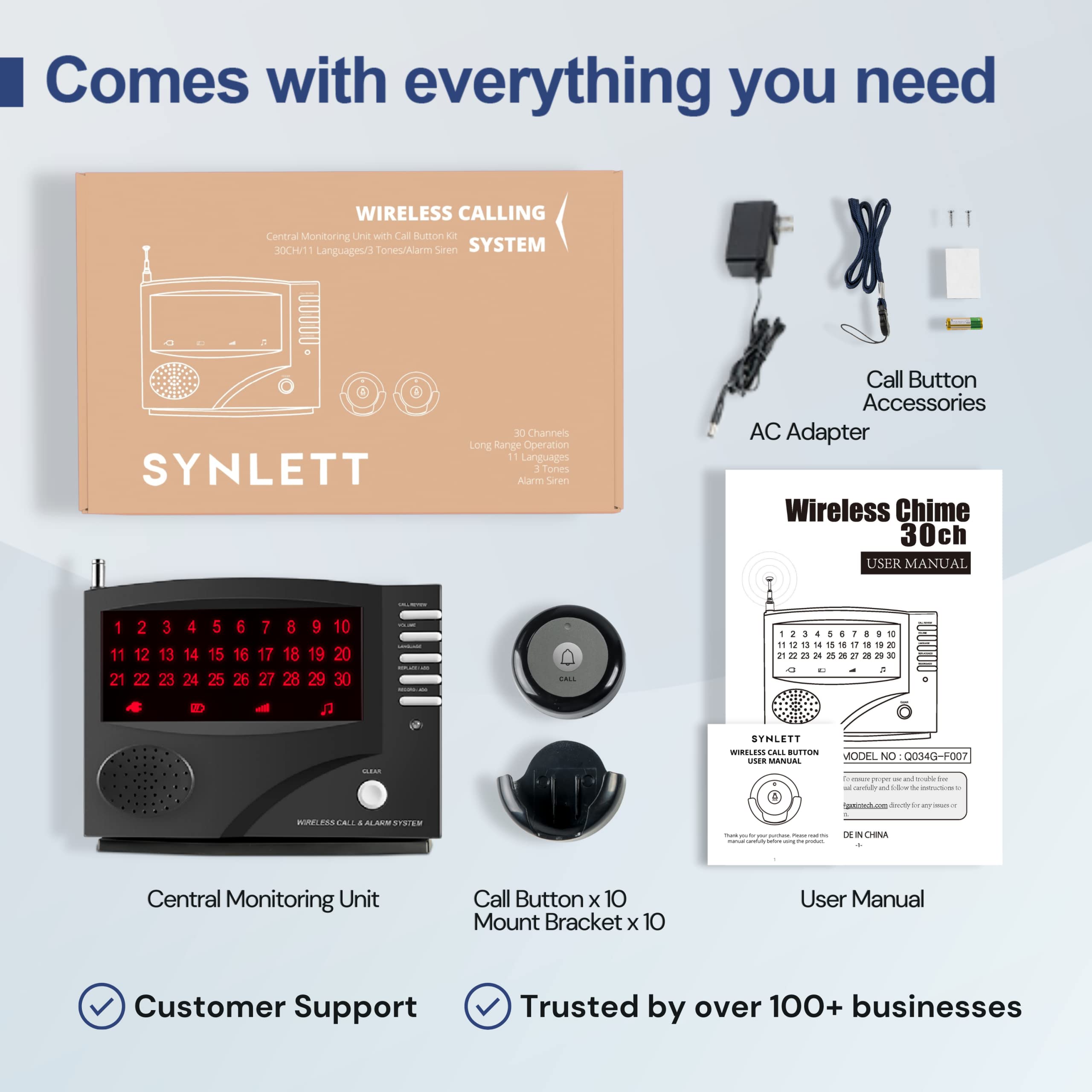 SYNLETT Wireless Calling System Nurse Call System Caregiver Pager for Restaurant Clinic Nursing Home 11 Languages 3 Alert Tones, 10 Call Buttons and 1 Monitoring Unit for Patients Seniors Customer