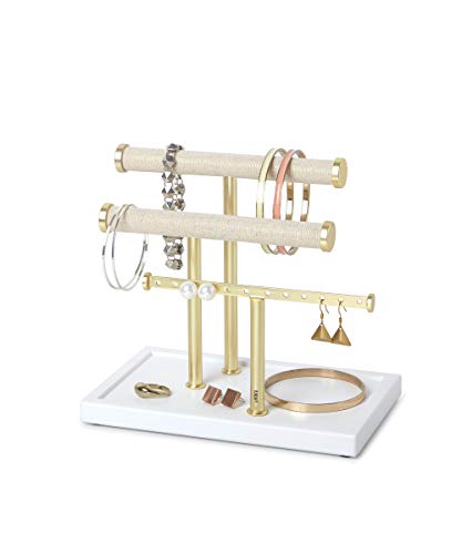 Umbra Trigem Three Tiered Tabletop Organizer for Necklace, Bracelets and Earrings, 3, White Brass