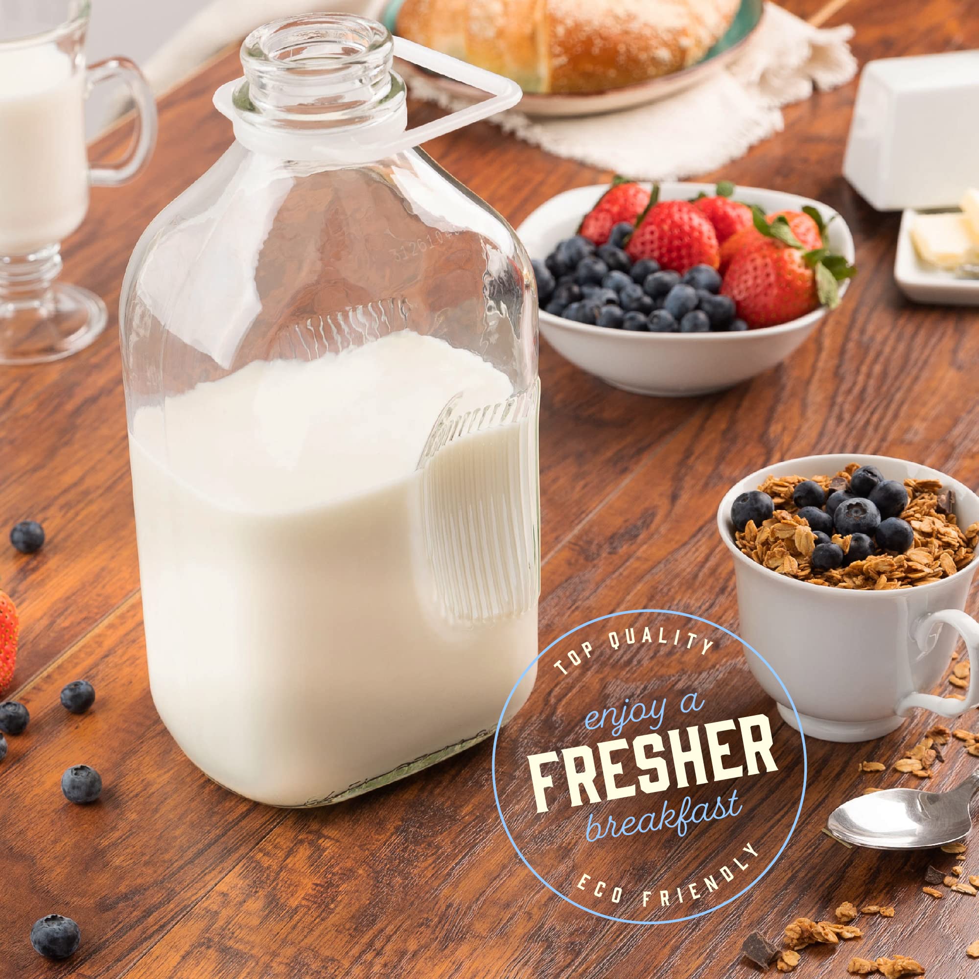 kitchentoolz 64 Oz Glass Milk Bottle with Lids, Half Gallon Milk Dispenser Container for Refrigerator, Glass Carafe Pitcher with Lid and Pour Spout