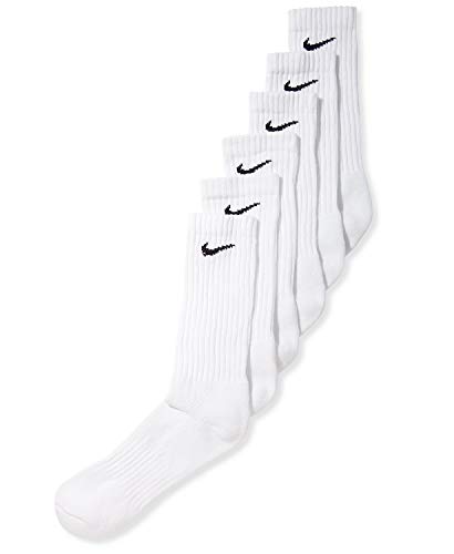 NIKE Dri-Fit Classic Cushioned Crew Socks 6 PAIR White with Black Swoosh Logo) LARGE 8-12