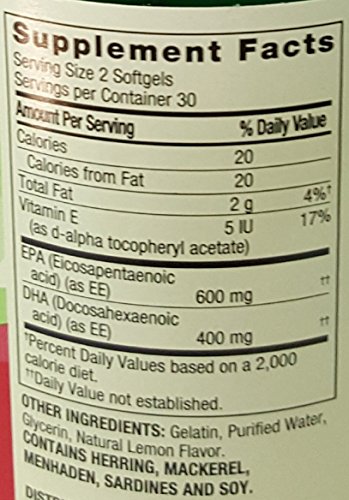 Spring Valley Fish Oil 1000mg Dietary Supplement 600mg EPA/400mg DHA Plus Vitamin E (5 IU), Heart, Immune and Bone Health, 60 softgels, Natural Lemon Flavor