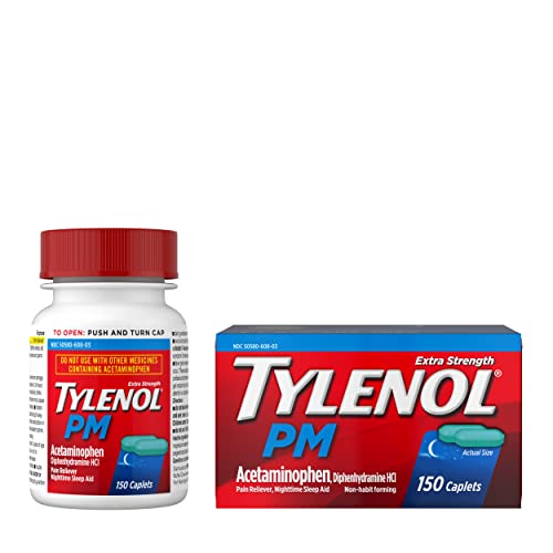 Tylenol PM Extra Strength Nighttime Pain Reliever & Sleep Aid Caplets, 500 mg Acetaminophen & 25 mg Diphenhydramine HCl, Relief for Nighttime Aches & Pains, Non-Habit Forming, 150 ct