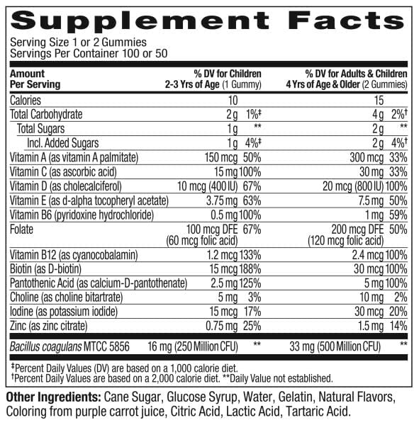 OLLY Kids Multivitamin + Probiotic Gummy, Digestive and Immune Support, Vitamins A, D, C, E, B, Zinc, Kids Chewable Supplement, Berry, 50 Day Supply - 100 Count (Pack of 1)