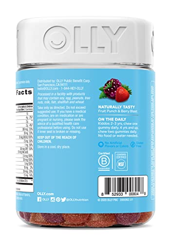 OLLY Kids Multivitamin + Probiotic Gummy, Digestive and Immune Support, Vitamins A, D, C, E, B, Zinc, Kids Chewable Supplement, Berry, 50 Day Supply - 100 Count (Pack of 1)
