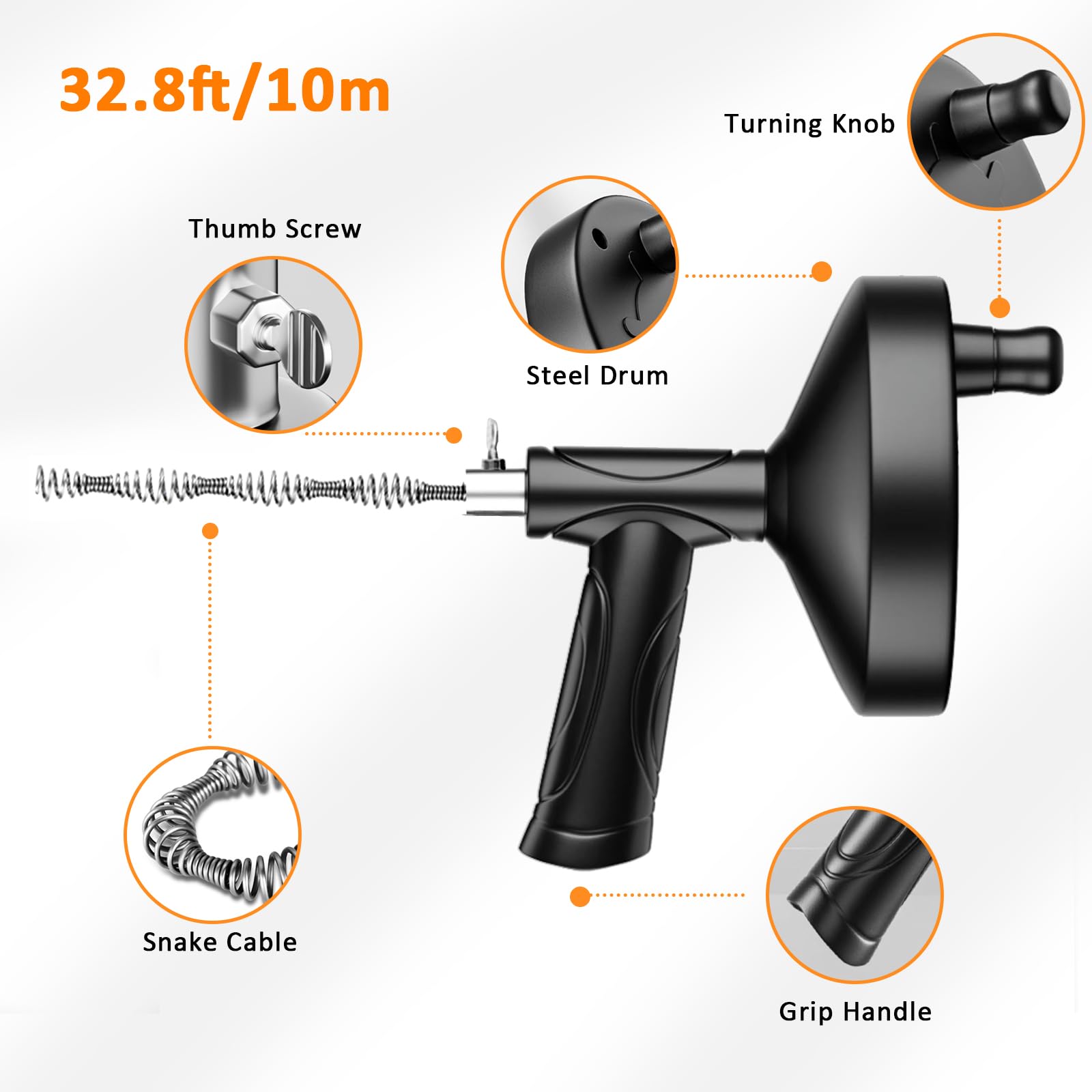 DR.PEN 32FT Drain Auger, [Easy to Use & Highly efficient] Flexible Plumbing Snake Drain Clog Remover, Drain Clog Remover for Kitchen, Bathroom and Shower Sink, Comes with Work Gloves and Floor Drain