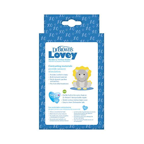 Dr. Brown's Baby Lovey Pacifier Holder & Teether Clip, Soft Plush Stuffed Animal Triceratops Pacifier Tether with Teal HappyPaci, 100% Silicone, 0-12m