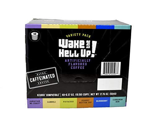 Wake The Hell Up! Variety Pack Flavored Single Serve Coffee Pods | Ultra-Caffeinated Coffee For K-Cup Compatible Brewers | 48 Count, 2.0 Compatible