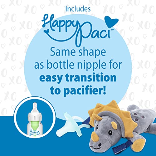 Dr. Brown's Baby Lovey Pacifier Holder & Teether Clip, Soft Plush Stuffed Animal Triceratops Pacifier Tether with Teal HappyPaci, 100% Silicone, 0-12m