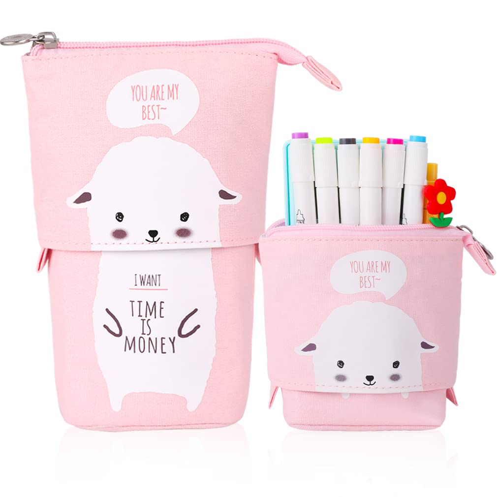 iSuperb Cartoon Telescopic Stand Up Pencil Case Pen Bag Cute Animal Office Student Stationery Bag Cosmetic Organizer Pouch (White Sheep)
